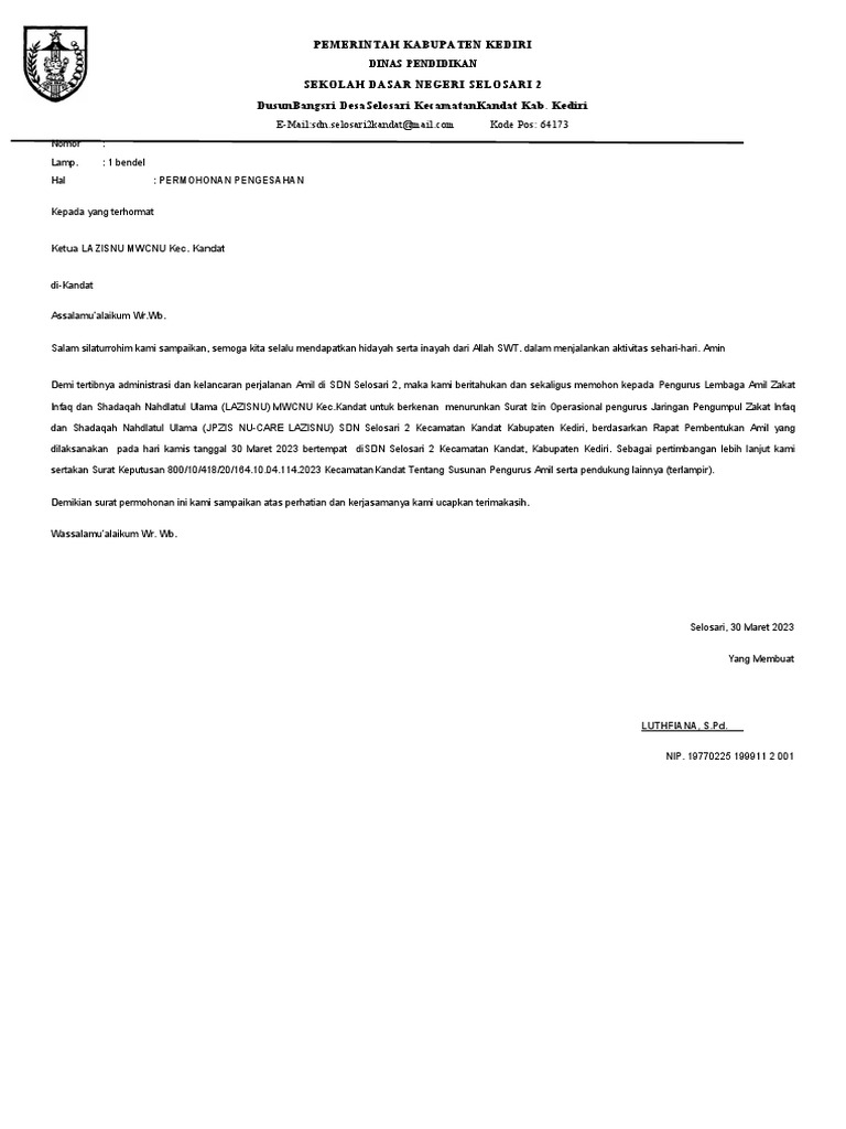 SDN Selosari 2 Mohon Izin Operasional JPZIS NU-Care Lazisnu | PDF