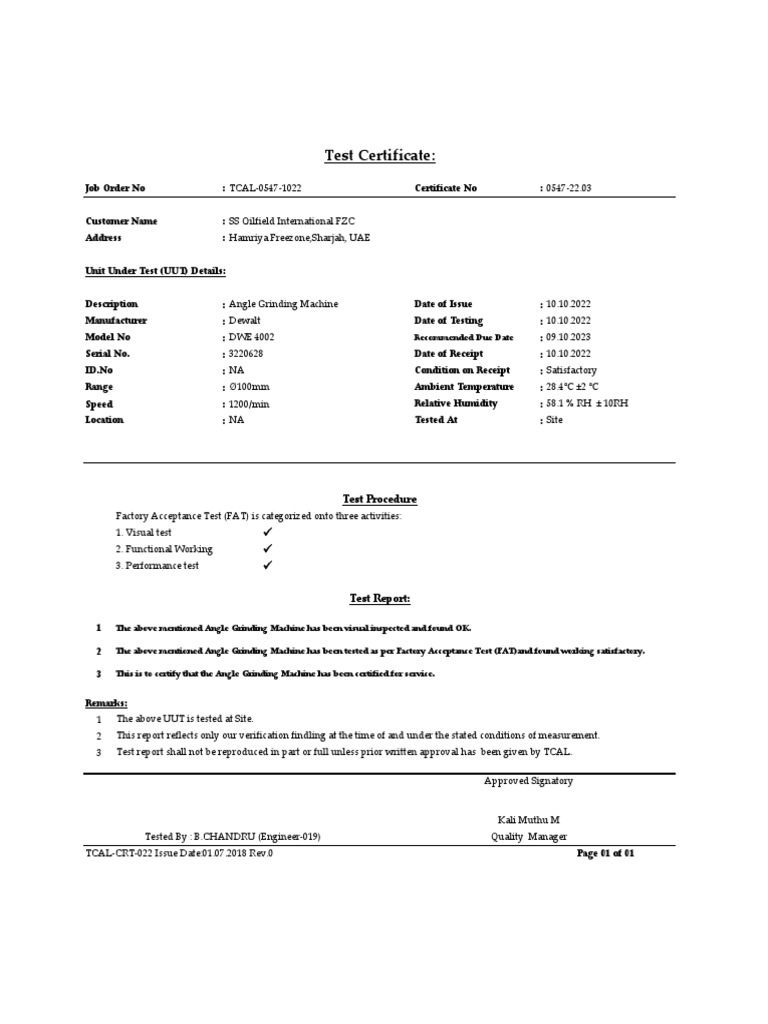 Angle Grinder FAT Certification Report | PDF