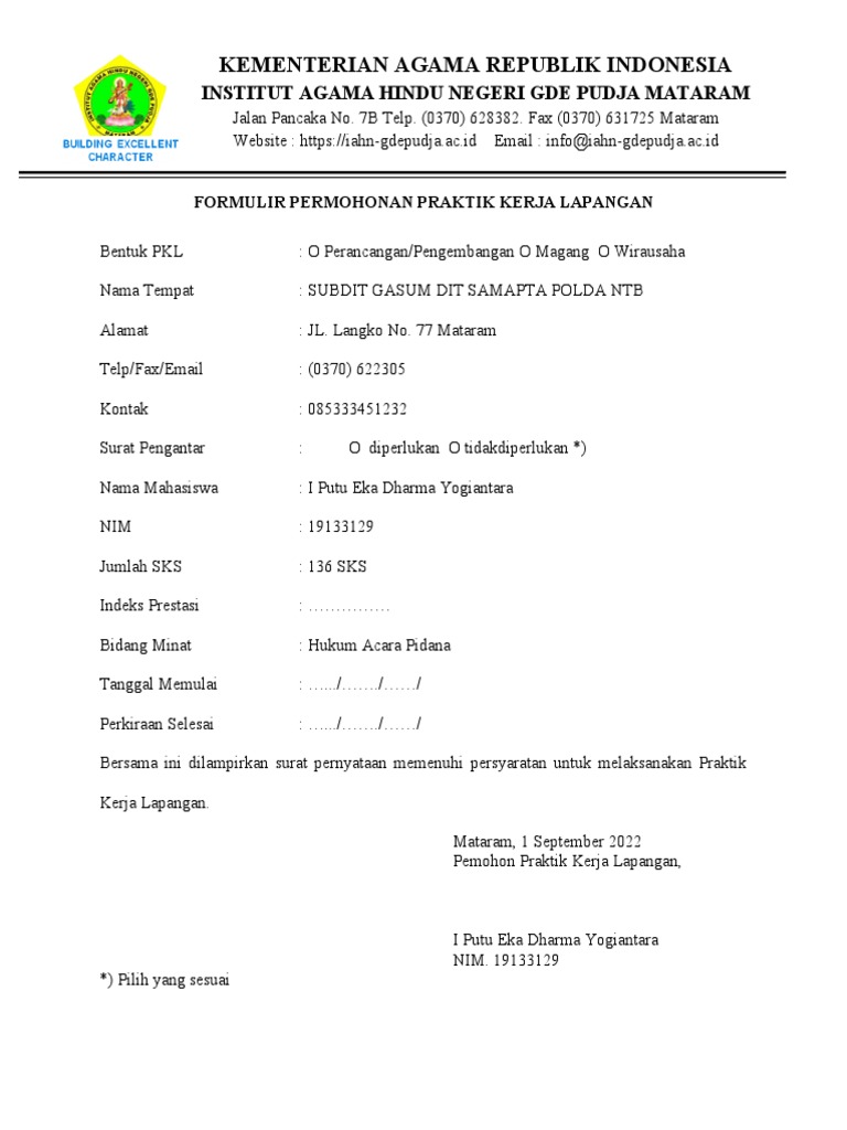 Formulir PKL IAHN Gde Pudja | PDF
