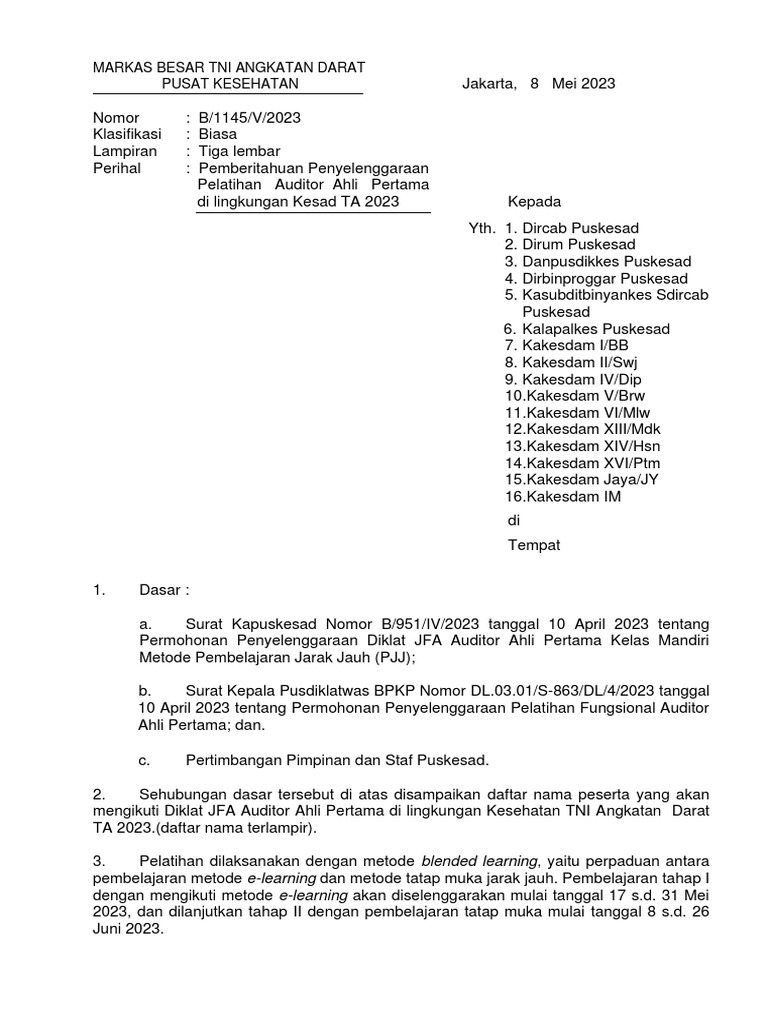 Surat Pemberitahuan Peserta Diklat Auditor Ahli Pertama Kesad 2023 PDF ...