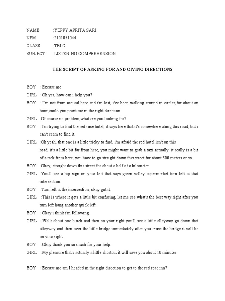 SCRIPT ASKING FOR AND GIVING DIRECTIONS | PDF