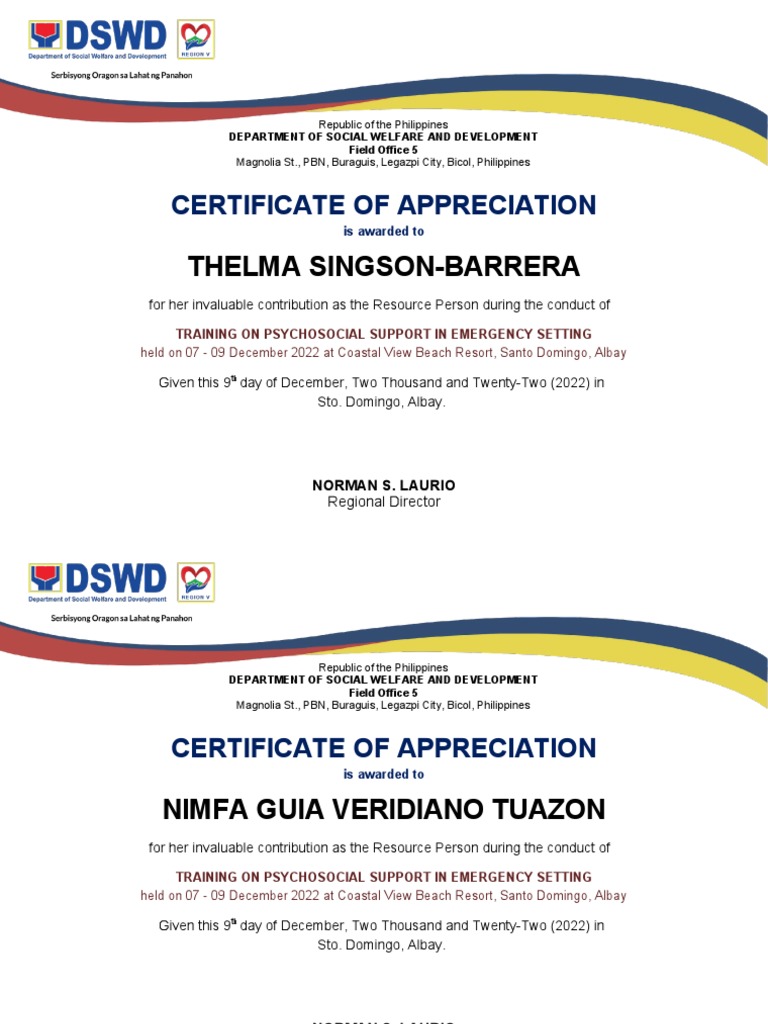 DSWD Certificate of Appreciation Training Psychosocial Support | PDF