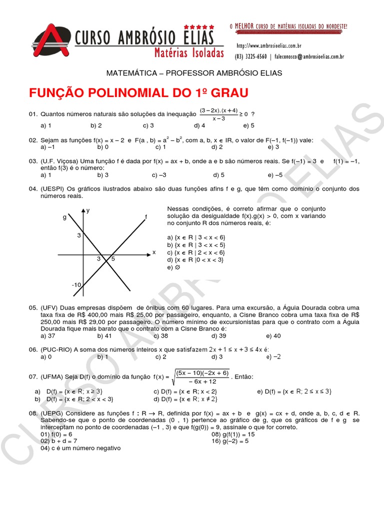 Professor Ambrósio Elias Material Função Polinomial Do 1º Grau PDF | PDF