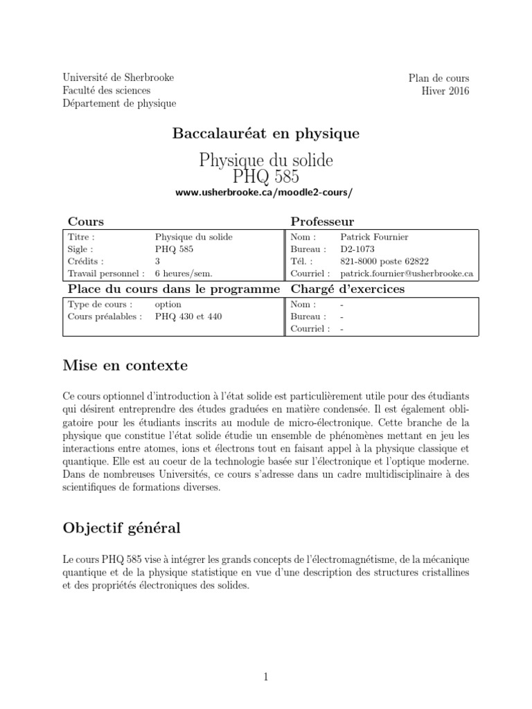 Physique du Solide: Cours PHQ 585 | PDF | Phonon | Électron