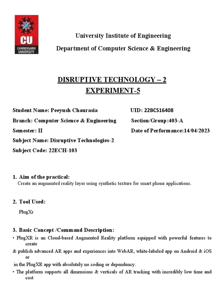 Exp 5 | PDF | Augmented Reality | Computing