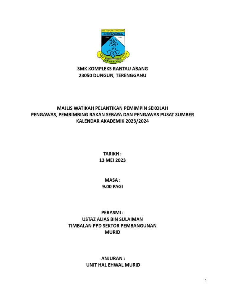 Kertas Kerja Majlis Watikah Pelantikan Pengawas 2023 | PDF