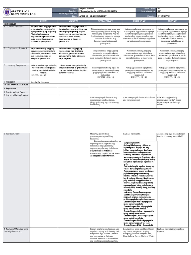 DLL - Esp 3 - Q3 - W9 | PDF