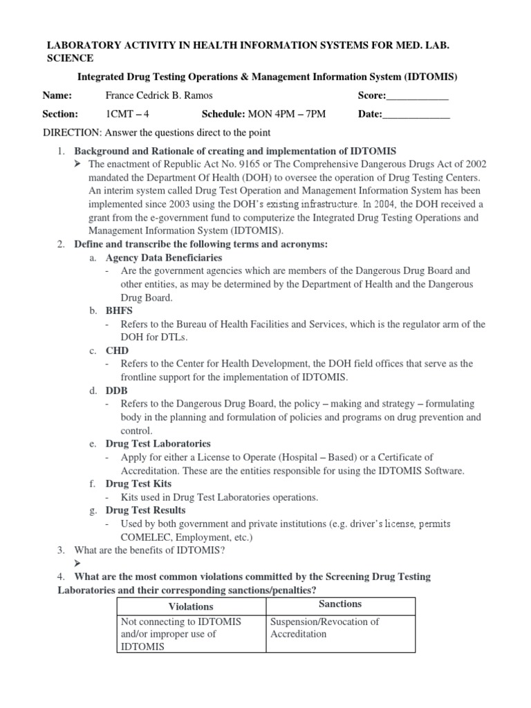 Laboratory Activity - HIS Lab - IDTOMIS | PDF | Drug Test | Health Care