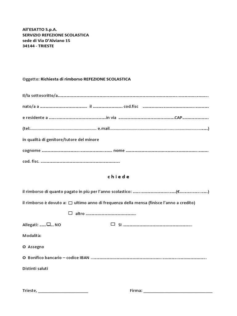 Modulo Richiesta Rimborso - MENSA Ultimo | PDF