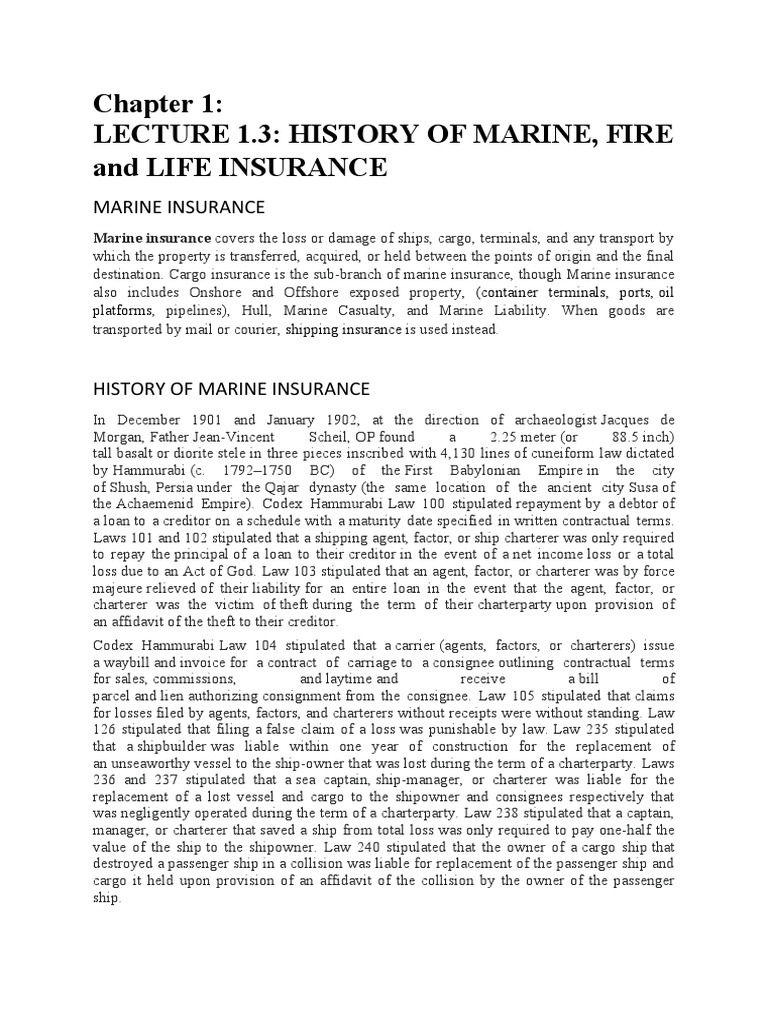 Ch.1 L1.3 History of Marine, Fire & Life Insurance | Download Free PDF ...