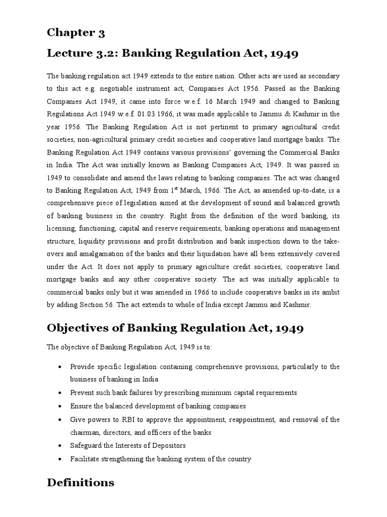 Chapter 3. Lecture 3.2 Banking Regulation Act, 1949 | PDF