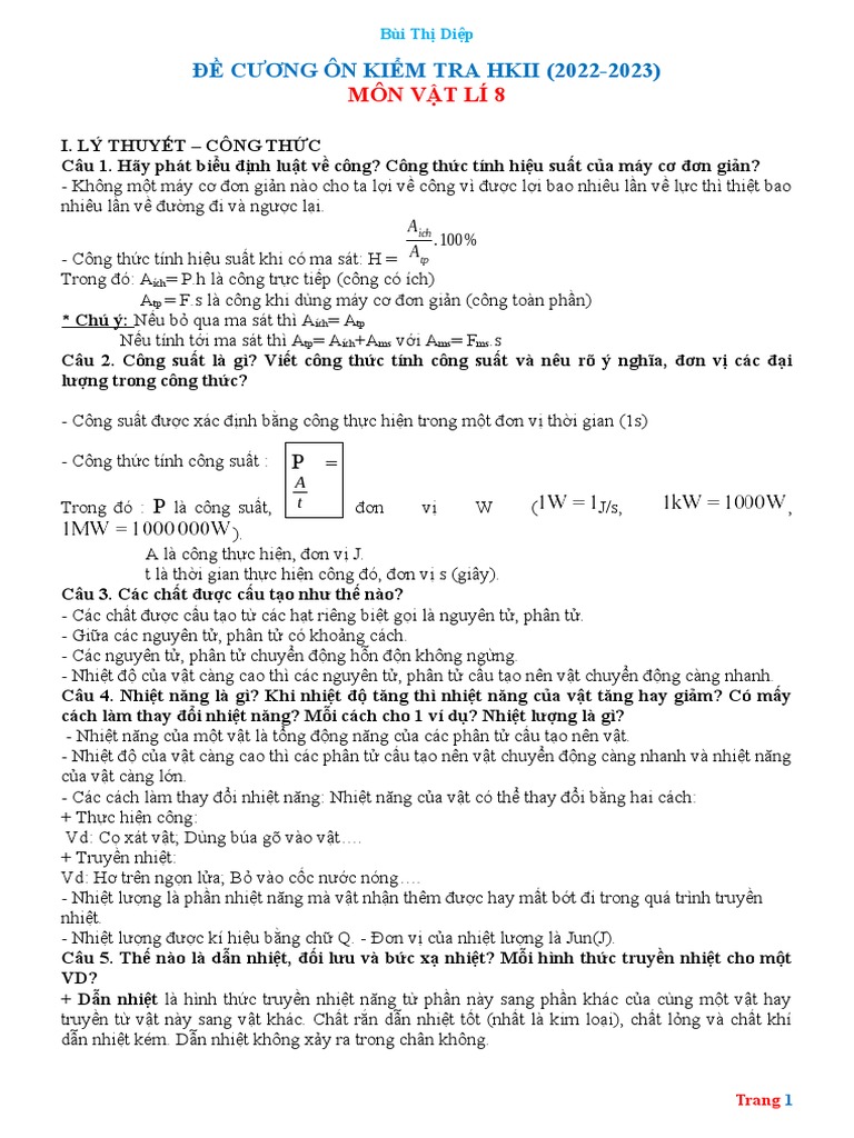 De Cuong On Tap Vat Li 8 HK2 Nam 22 23 | PDF