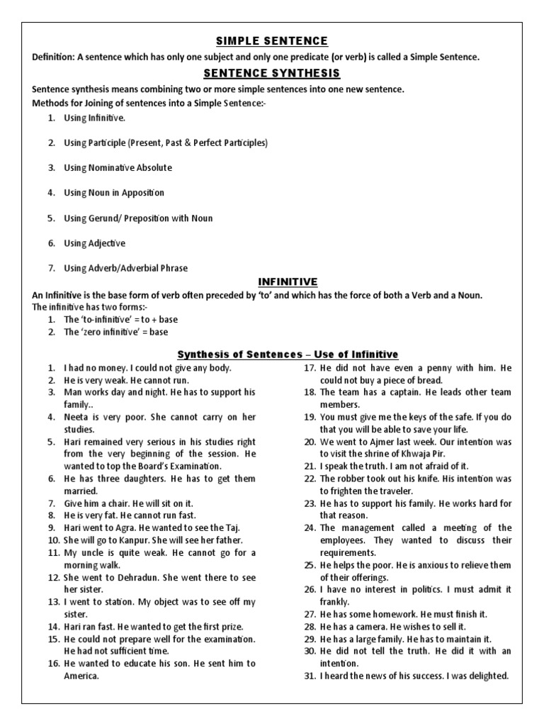 Synthesis of Sntences Into A Simple Sentence | PDF