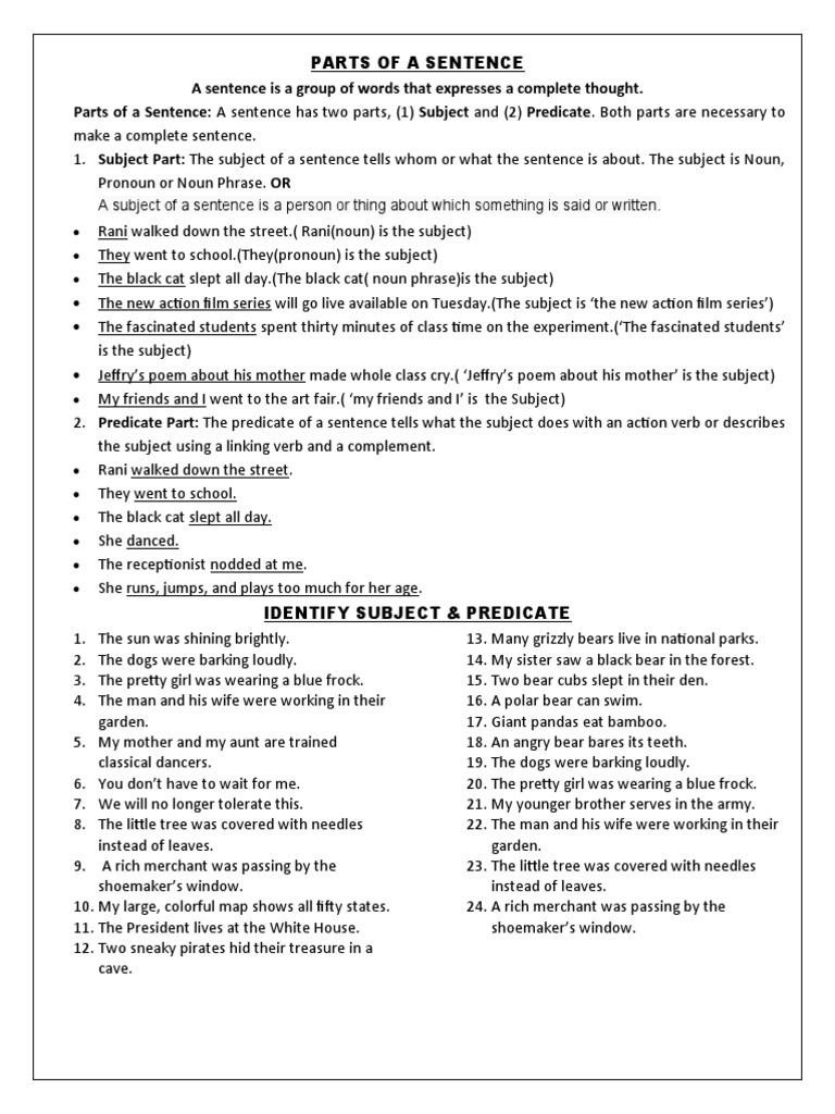 Parts of a Sentence: Identifying Subjects and Predicates | PDF ...