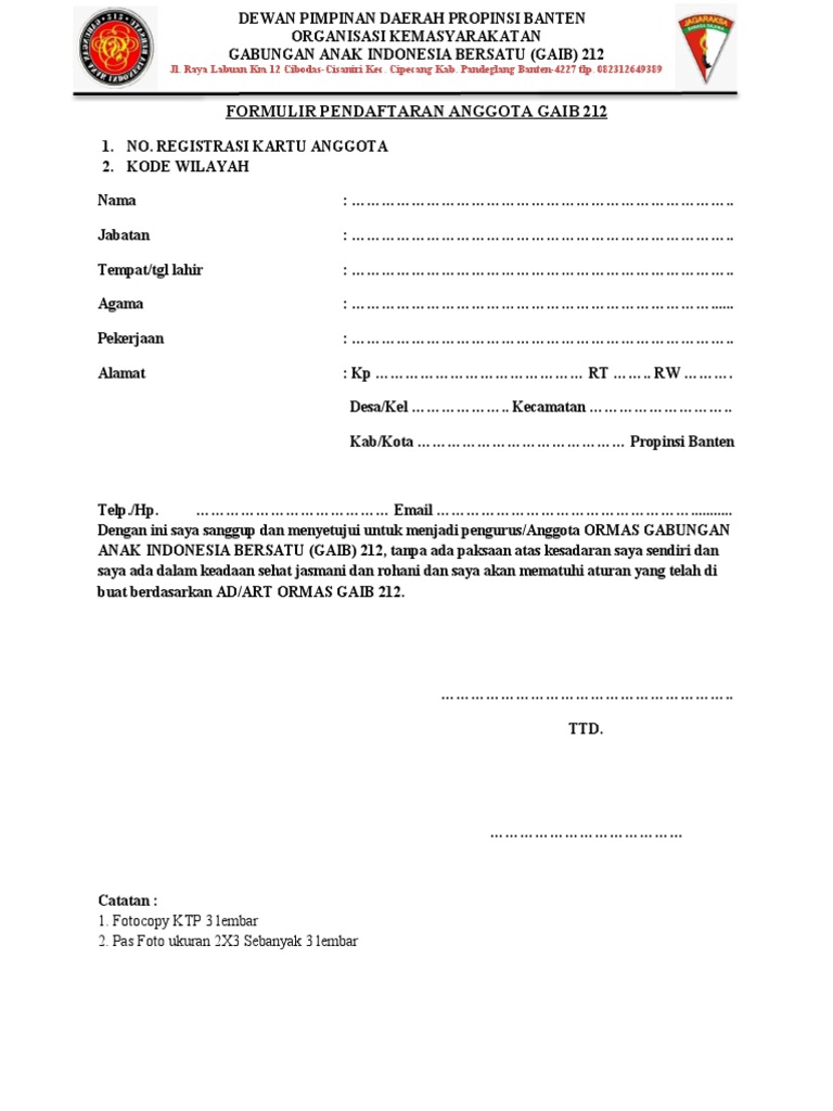 Formulir Kartu Anggota GAIB 212 | PDF