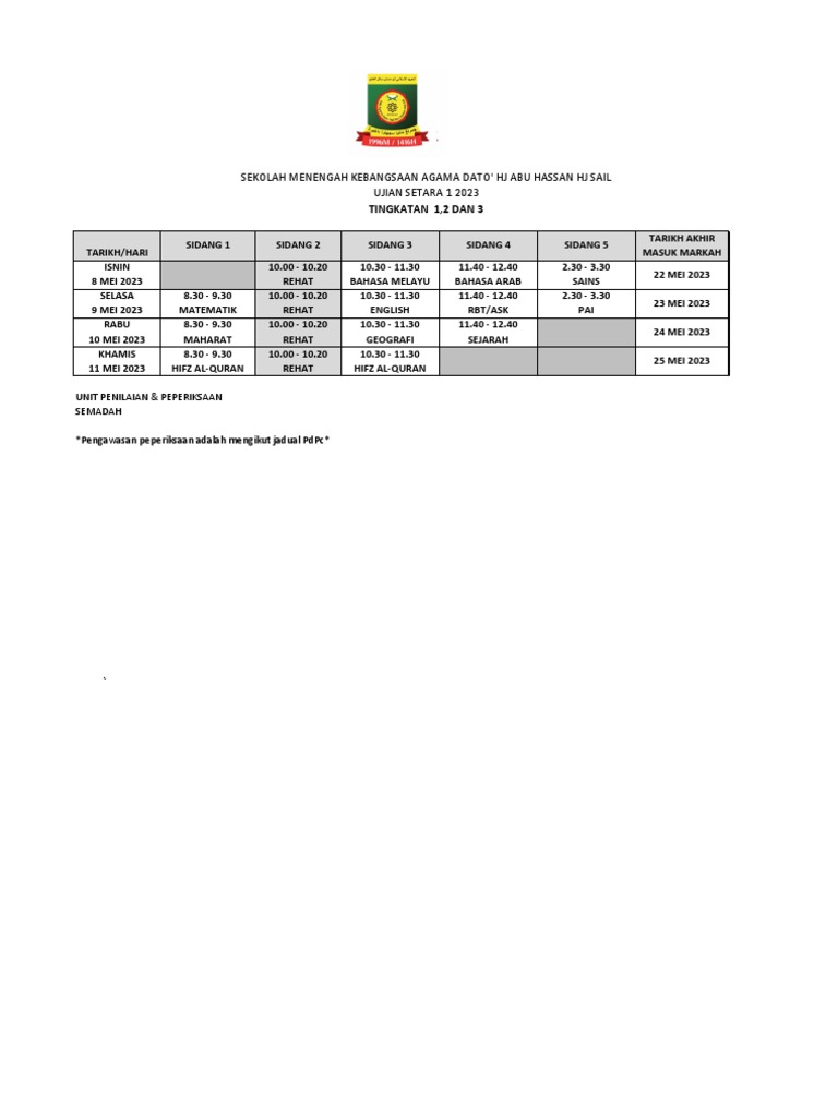 JADUAL UJIAN SETARA 1 MEN REN 2023 I PDF | PDF