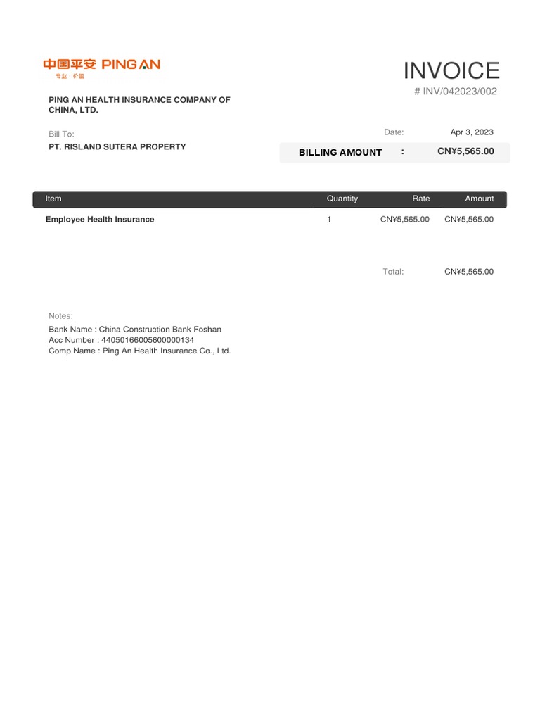 Invoice for Employee Health Insurance Coverage from Ping An Health ...