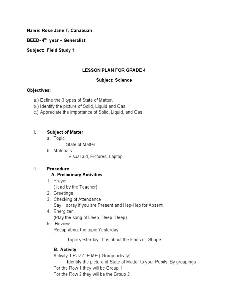 FS 1 Lesson Plan 4'as | PDF | Matter | Gases