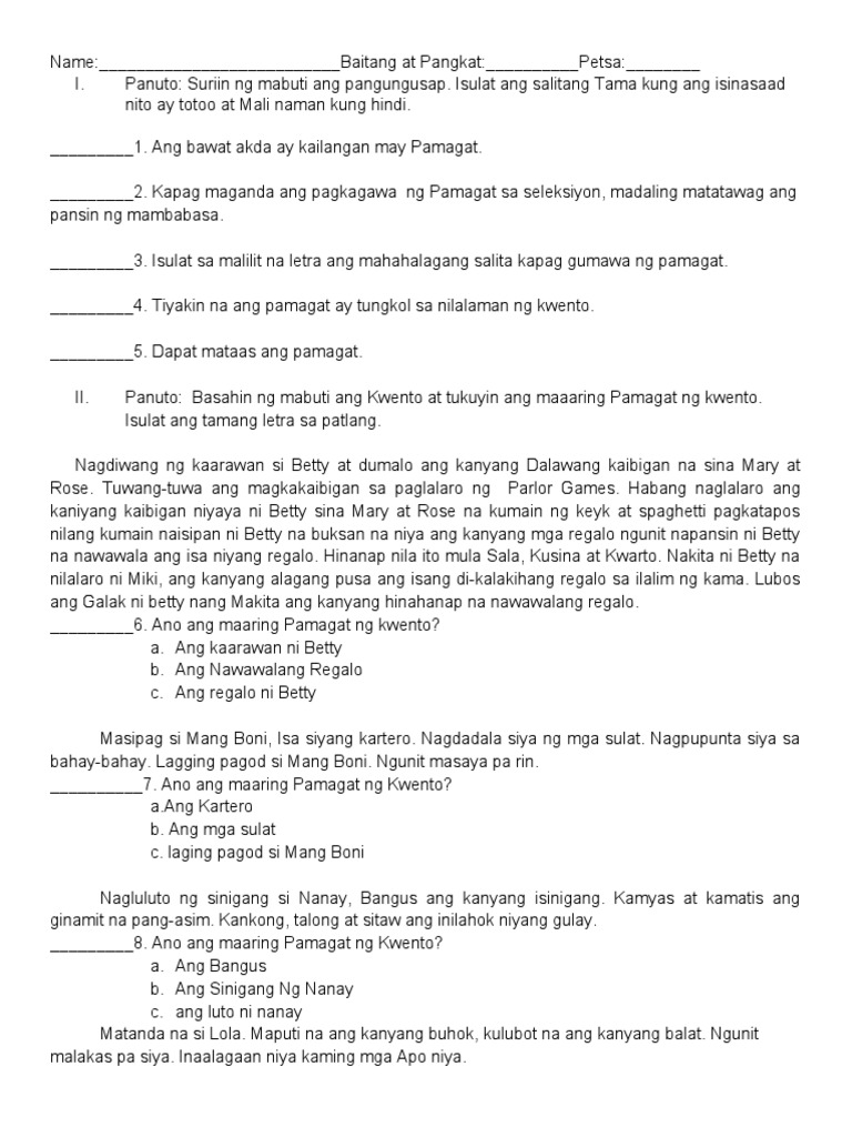 Pagsusulit Sa Filipino 4 (3rd Quarter) | PDF