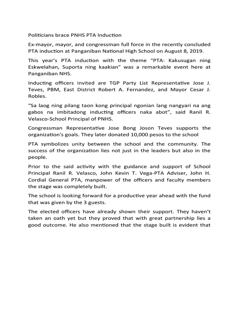 PTA Induction Is An Annual Event Held in This School | PDF | Self ...