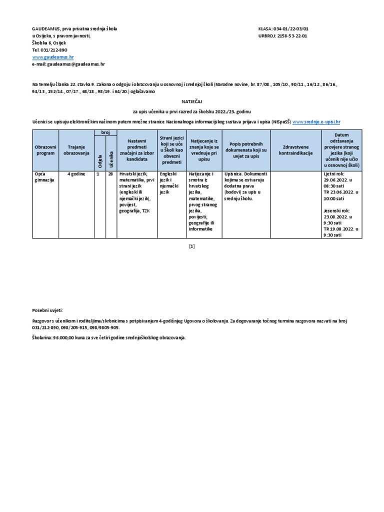2022 Natjecaj Za Upis U 1.razred Gaudeamus PDF | PDF