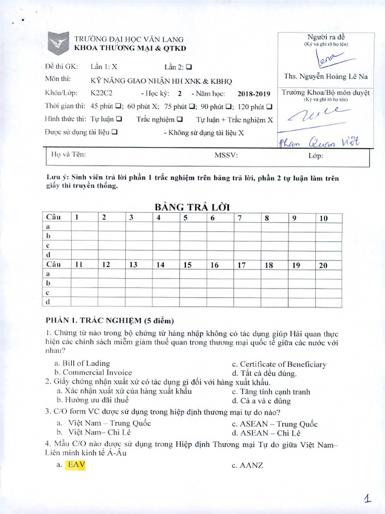 DT - K22C2 - Ky Nang Giao Nhan Hang Hoa Xuat Nhap Khau Va KBHQ - L1 - Hkii PDF | Download Free ...