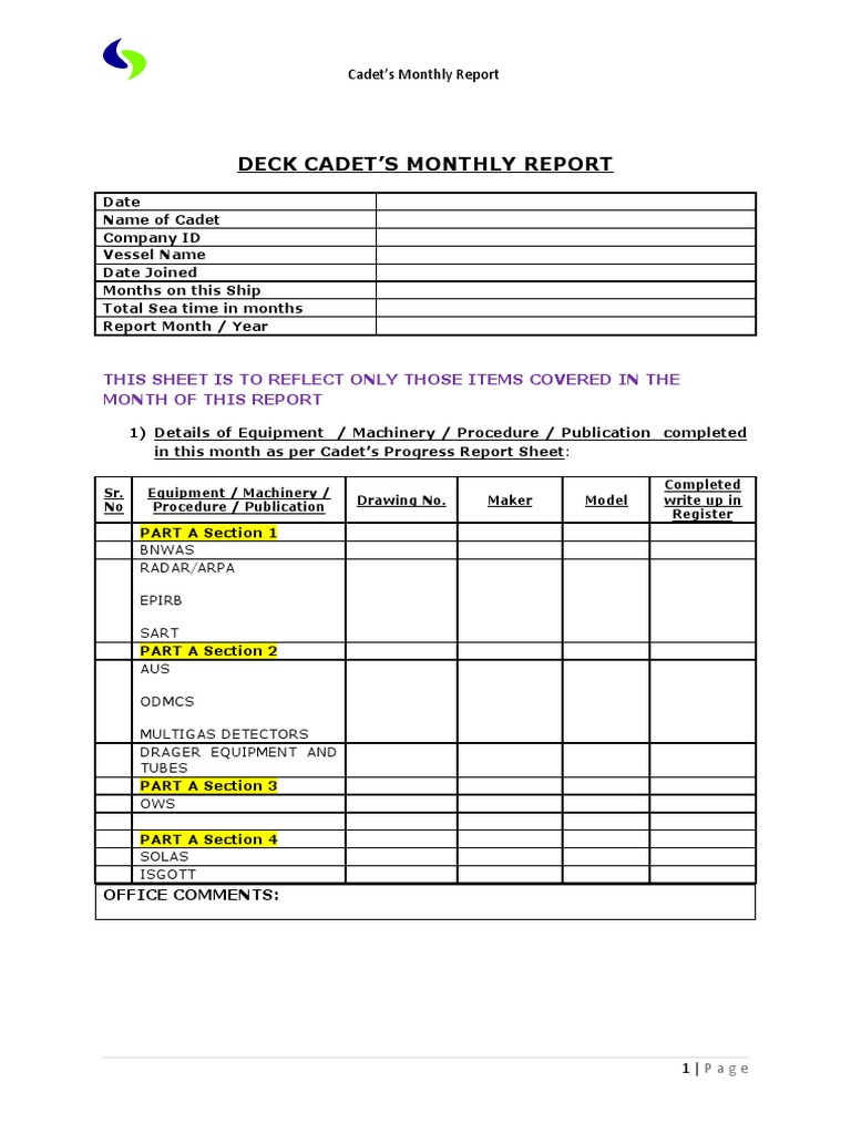 Monthly Report for Deck Cadets | PDF | Freight Transport | Watercraft