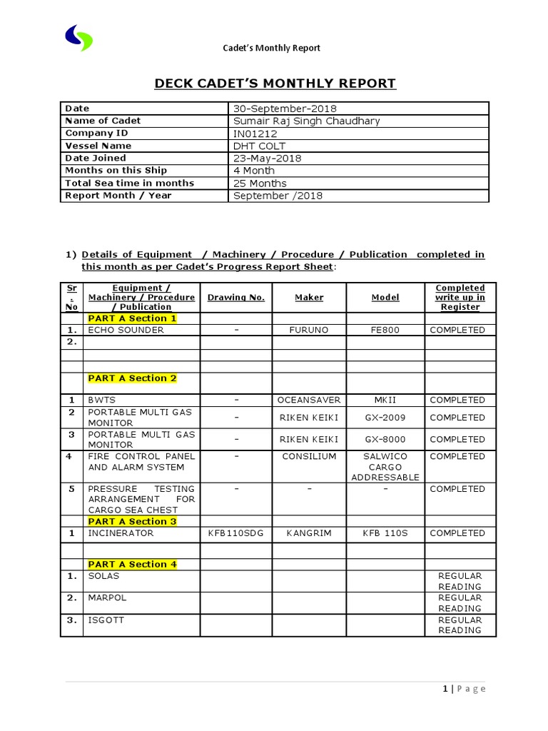 Deck Cadet Sumair Monthly Report Sep - 2018 | PDF | Water | Infrared