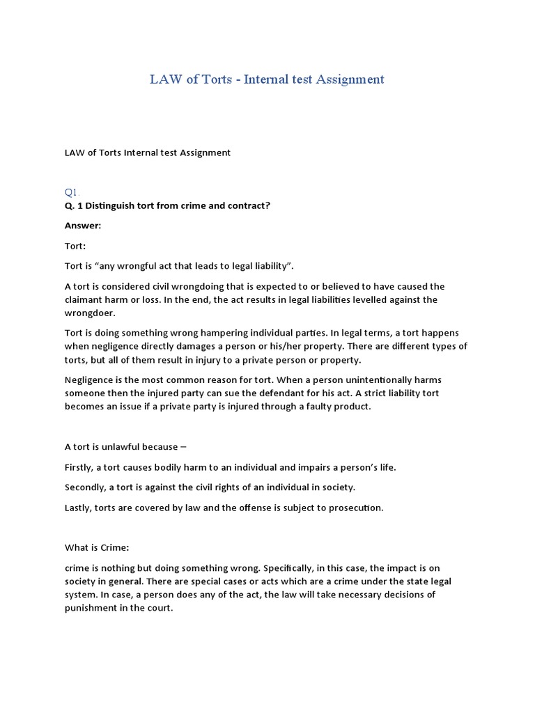 LAW of Torts Test Assignment | PDF | Damages | Tort