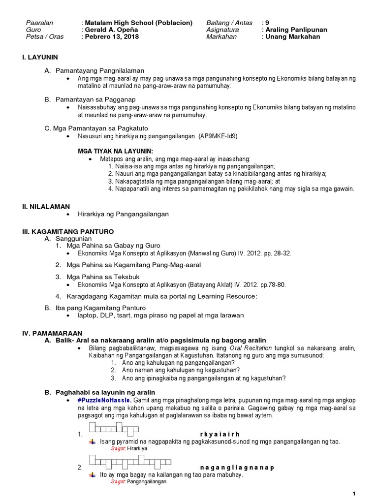 DLP Detailed Lesson Plan SocSci G9 Hirarkiya NG Pangangailangan FINAL | PDF