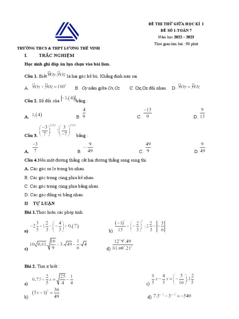 15-10-LỚP 7A3- ĐỀ 1-ĐỀ -2-THI THỬ GIỮA KÌ 1-LTV-2022 | PDF