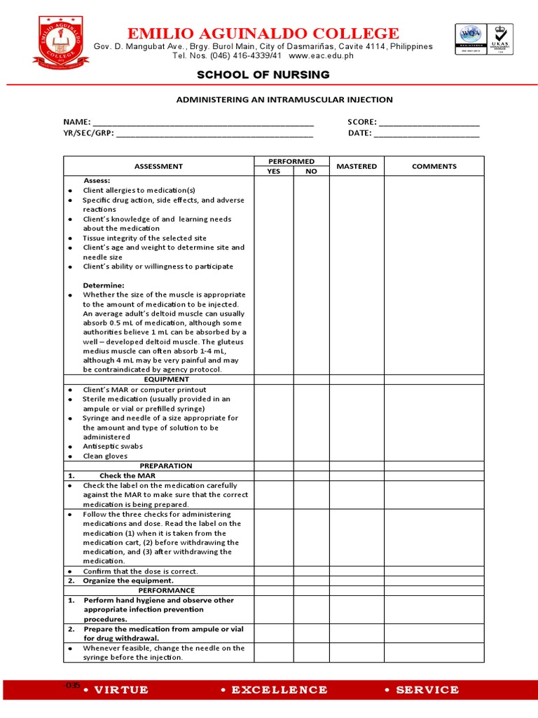 Checklist Administering An Intramuscular Injection | PDF | Injection ...