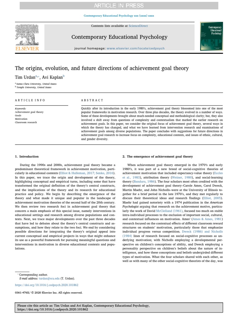 Contemporary Educational Psychology: Tim Urdan, Avi Kaplan | PDF | Goal ...