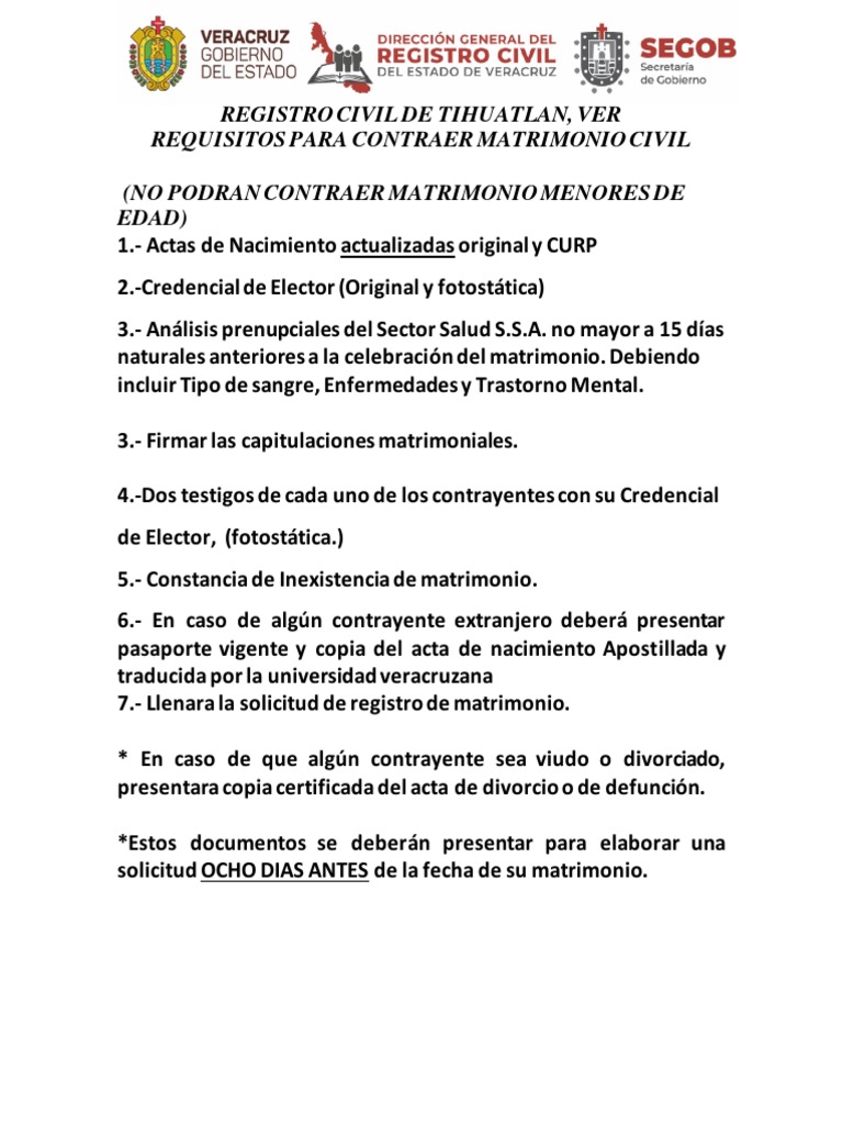 Requisitos para Contraer Matrimonio Civil PDF | PDF