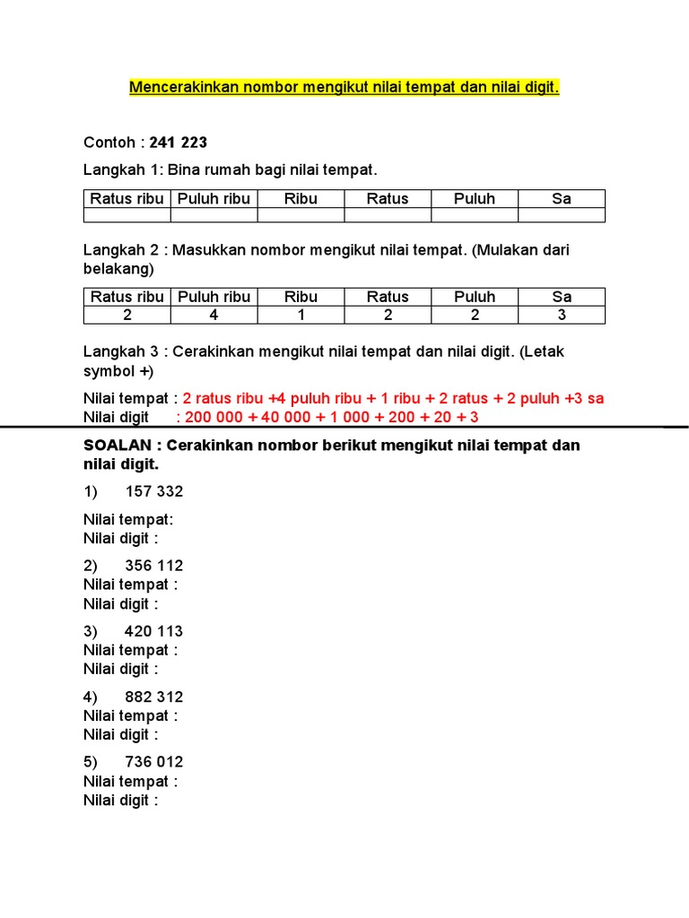 Soalan Cerakin Nilai Tempat Dan Nilai Digit | PDF
