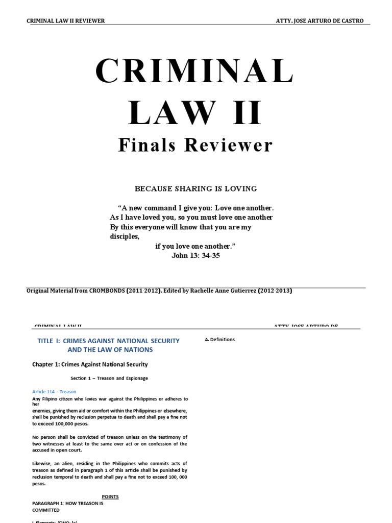 Criminal Law II Reviewer 2 | PDF | Treason | Crimes