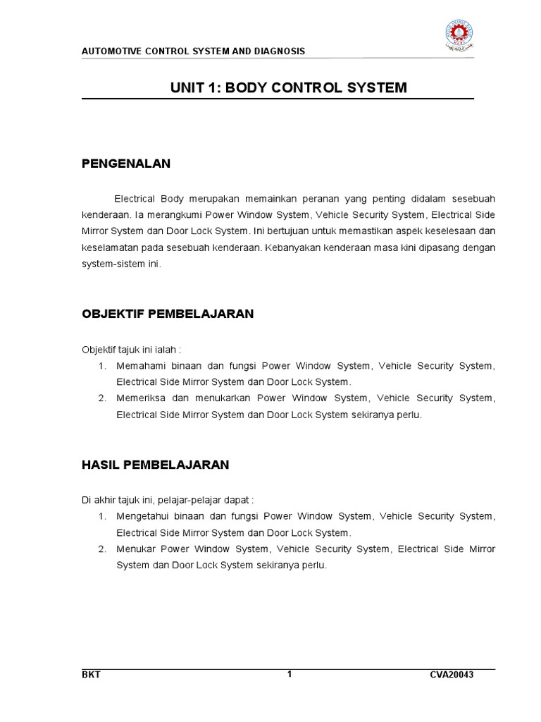 UNIT 1 Body Control Syatem | PDF
