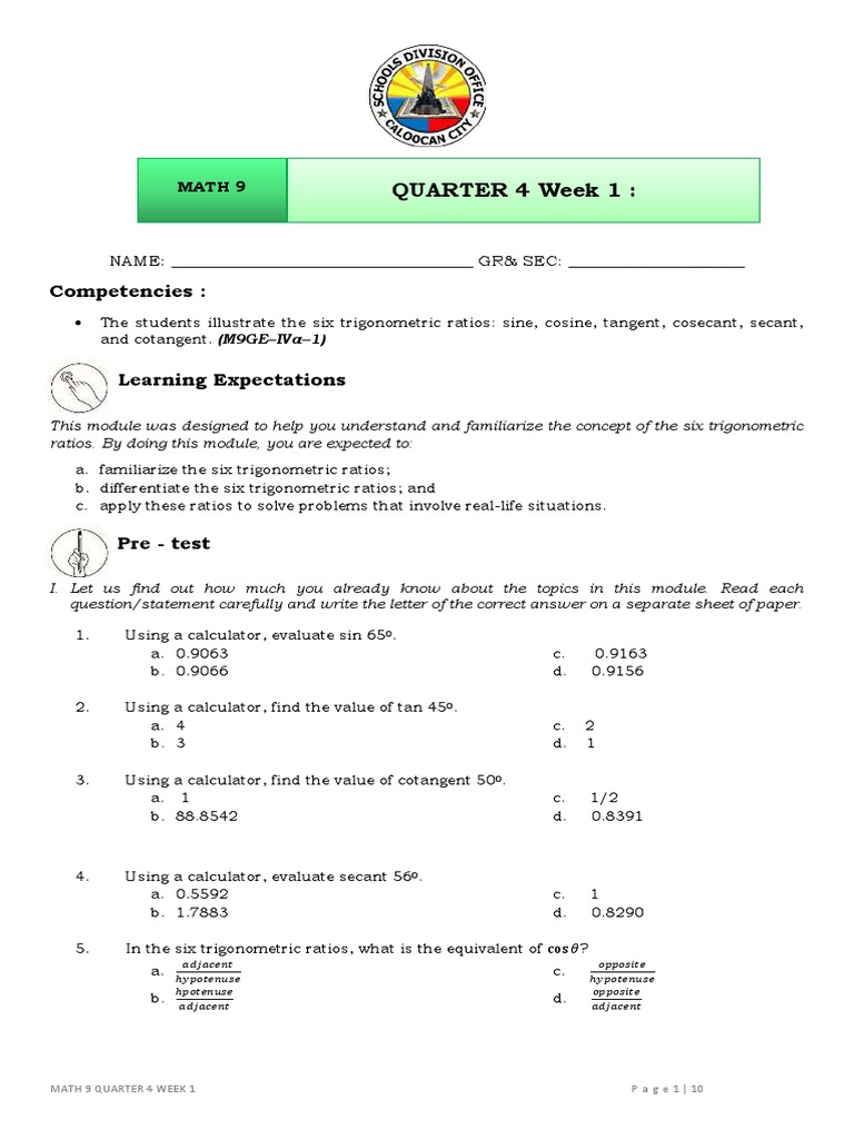 Math9 Q4W1 PDF | PDF | Trigonometric Functions | Trigonometry
