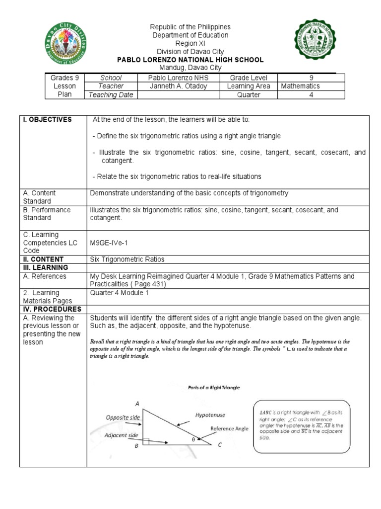 Grade 9 Trigonometry Lesson Plan | PDF | Trigonometric Functions ...