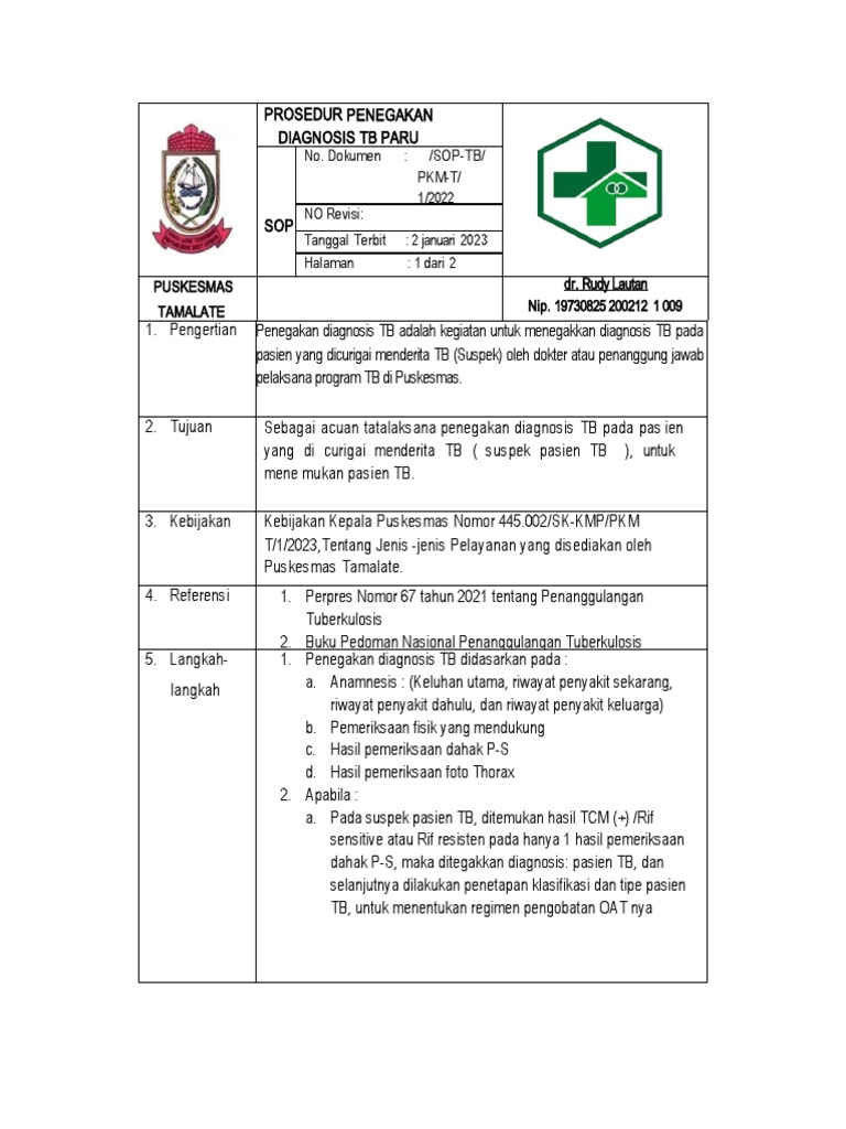 04.sop Prosedur Penegakan Diagnosis TB Paru | PDF