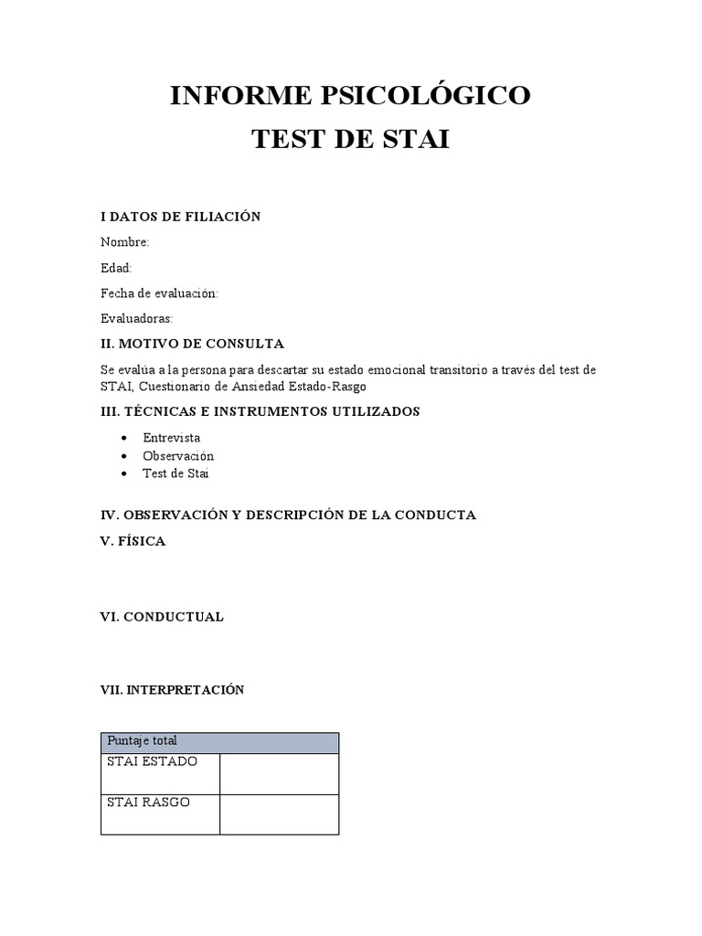 INFORME PSICOLOGICO TEST DE STAI.docx | PDF