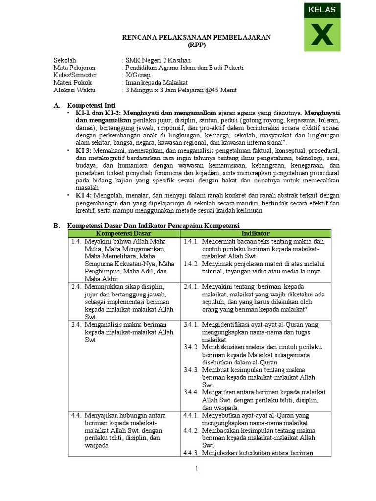 RPP K13 Kelas X - Genap - 2. Iman Kepada Malaikat | PDF