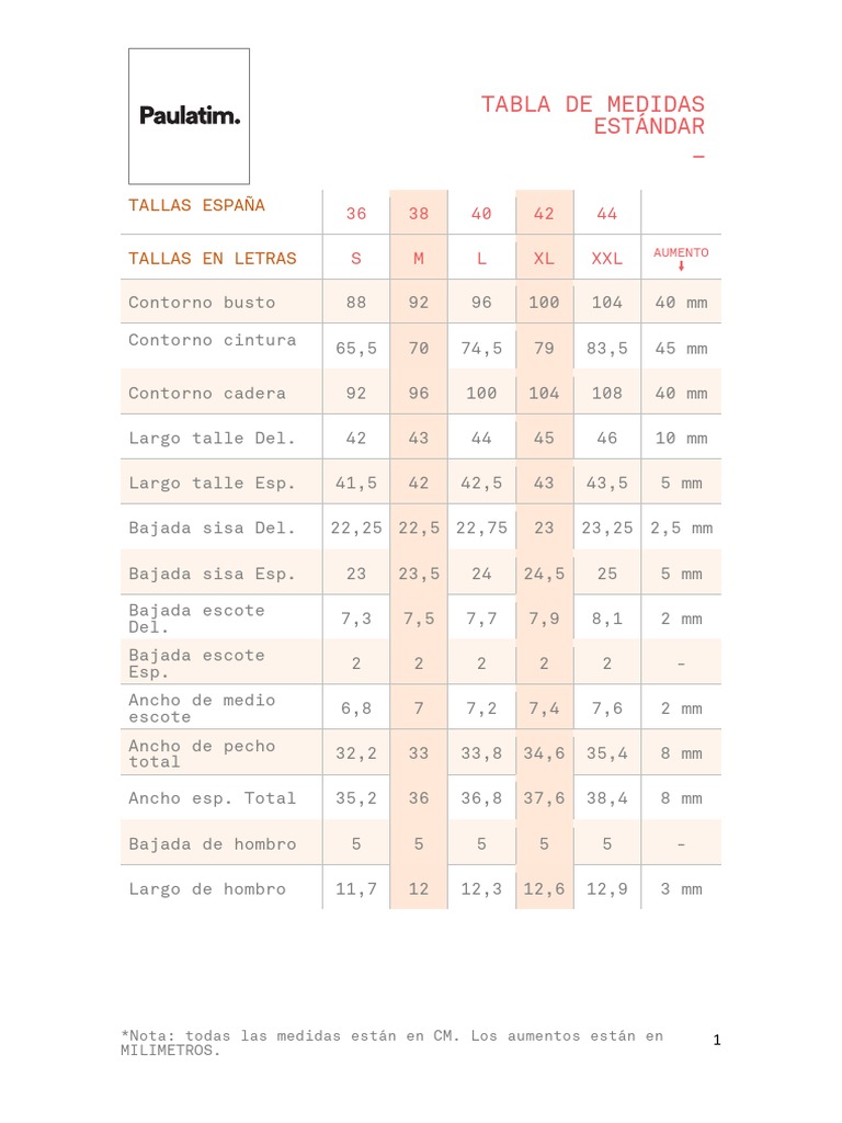 Tabla de Medidas Estándar en CM | PDF