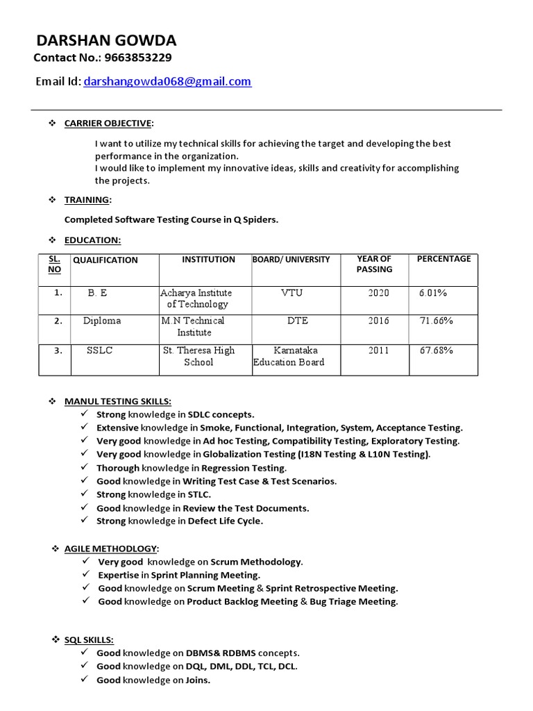 Darshan Gowda - Resume PDF | PDF | Scrum (Software Development) | Software Development Process