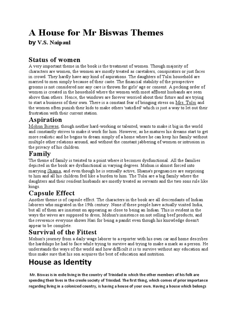 A House For MR Biswas Themes | PDF