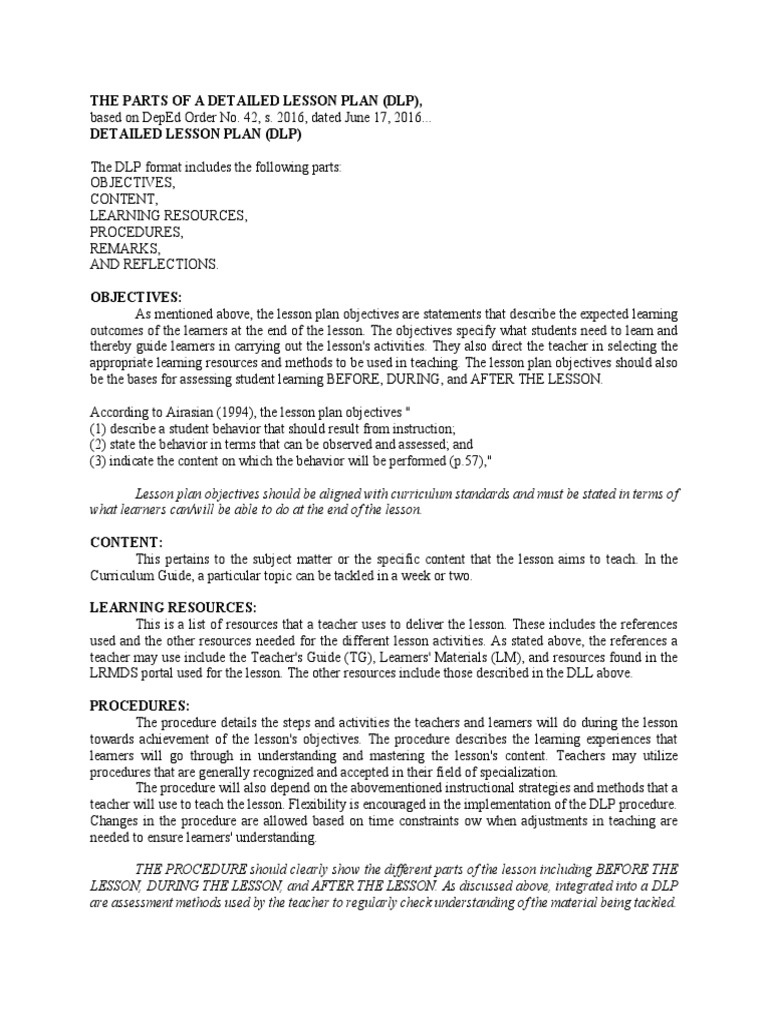 Parts of A Detailed Lesson Plan | PDF | Lesson Plan | Teachers