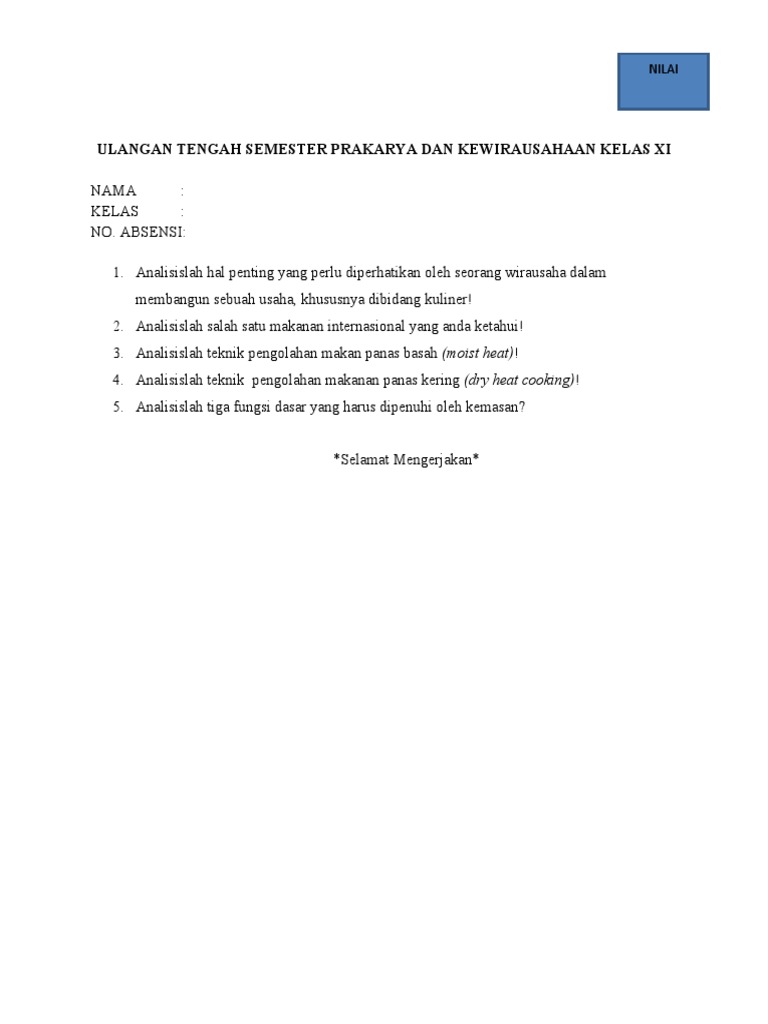 UTS Prakarya Kewirausahaan Kelas XI | PDF