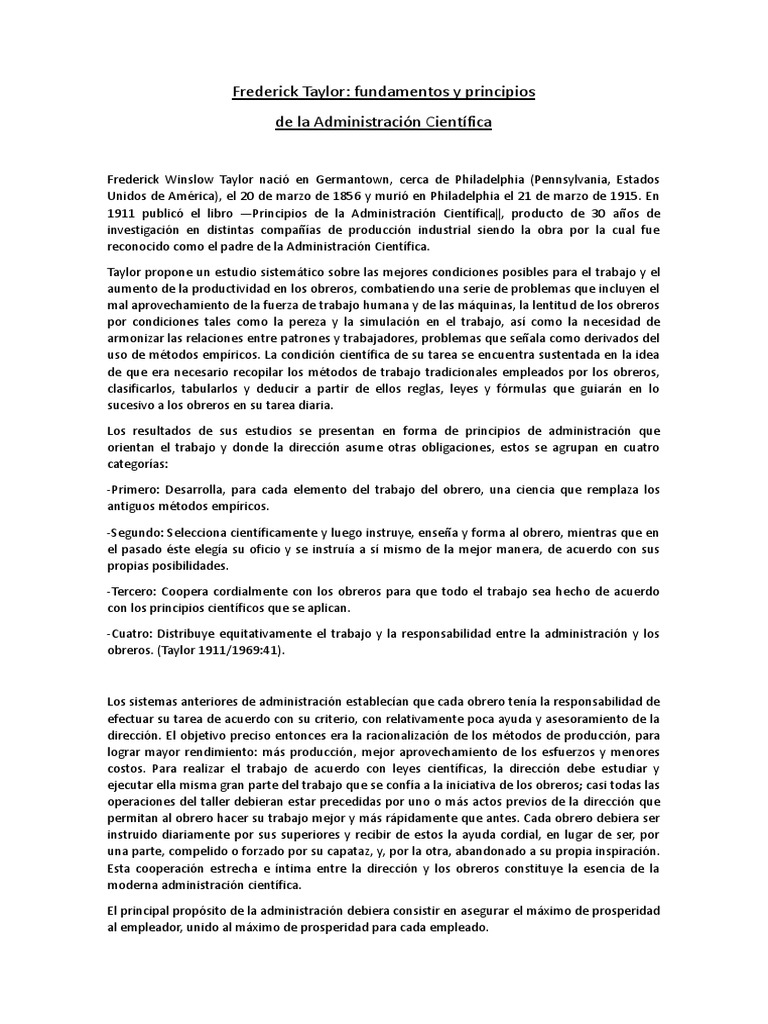 Frederick Taylor: fundamentos y principios de la Administración ...