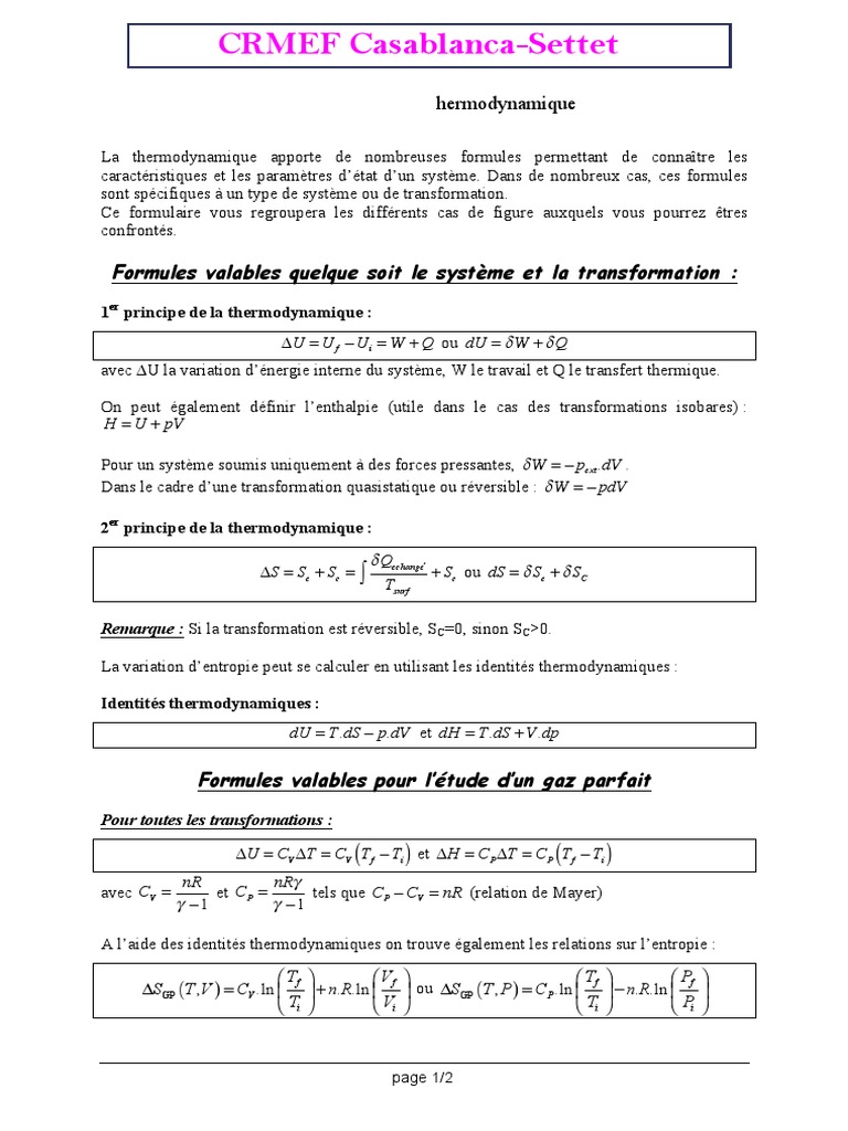 Thermo Formulaire 1 | PDF