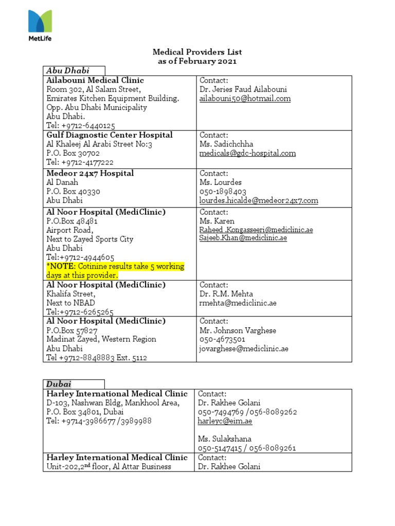 MetLife Medical Providers List As of 20 Feb 2021 PDF | PDF | Dubai ...